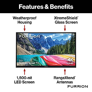 Furrion Aurora 55-Inch Sun 4K UHD LED Smart Outdoor TV - Weatherproof Outdoor Television with HDR10, Anti-Glare, 1,500-Nit LED Screen, Impact-Resistant Screen, External Antenna for Sunny Outdoor Areas