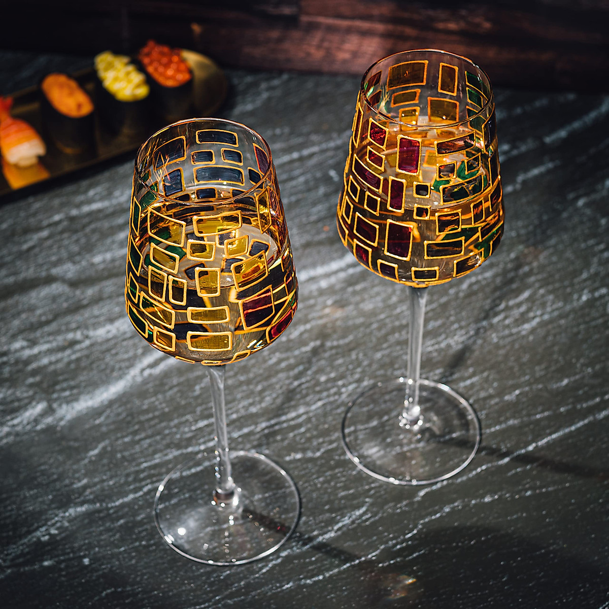Artisanal Hand Painted Stemmed Wine Glasses - Gift for, Friends, Girlfriends, Sagrada Renaissance Stain-glassed Windows Wines Glass Set of 2 - Gift Idea for Birthday, Housewarming, Extra Large Goblets