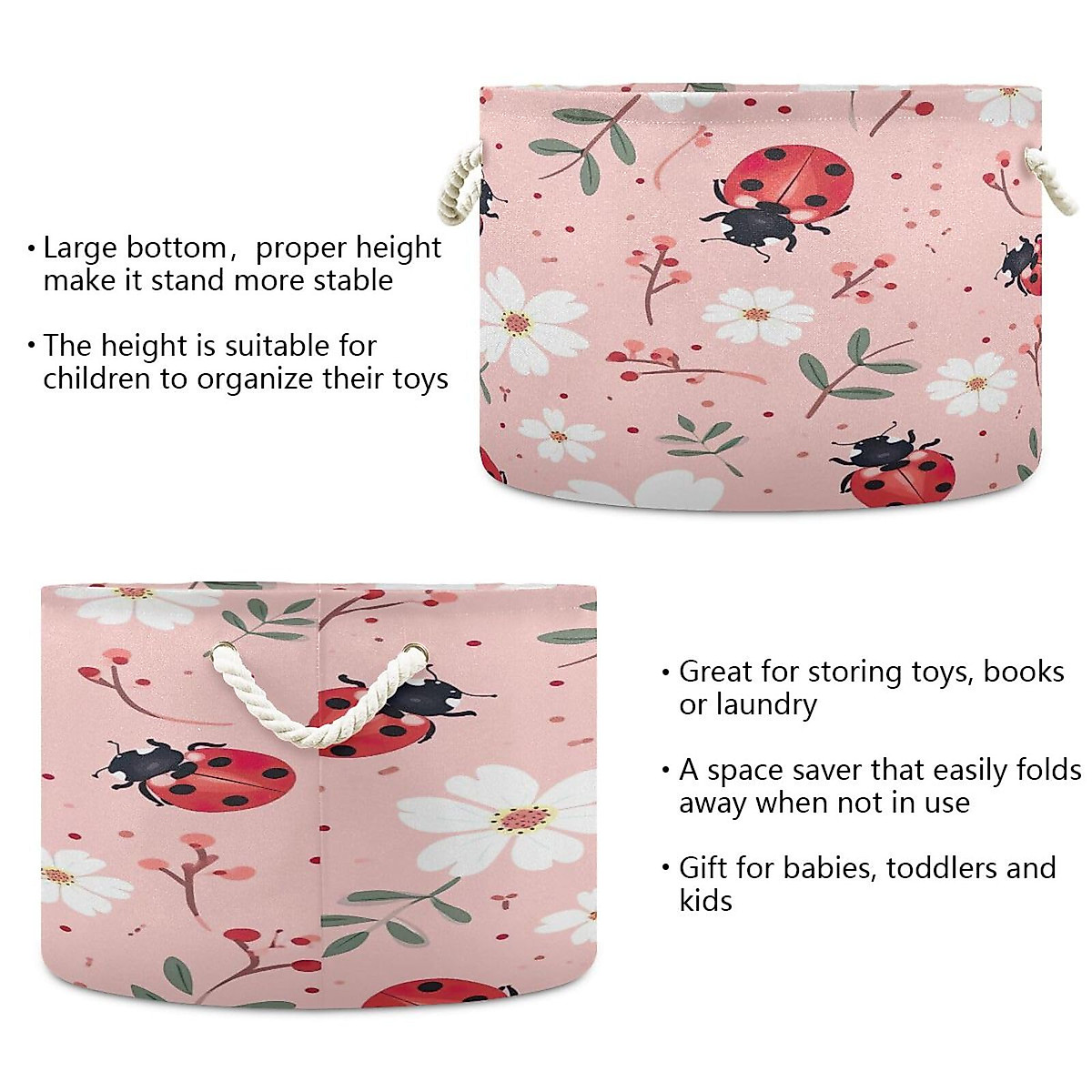 SDMKA Lady Bugs on Pink Laundry Basket Extra Large Storage Basket 20" x 14" Blanket Basket Toy Basket Decorative Cotton Rope Handle Laundry Hamper