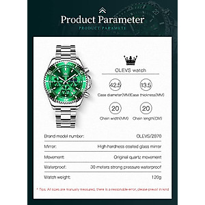 OLEVS Mens Watches Green Chronograph Luxury Dress Moon Phase Quartz Stainless Steel Waterproof Luminous Business Calendar Wrist Watch