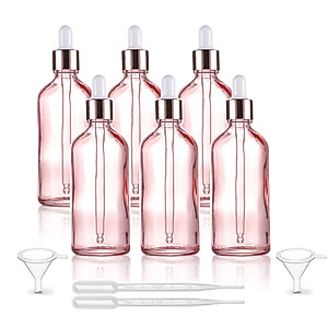 6 Pcs,3.4 Oz Pink Glass Dropper Bottle for Essential Oils,Empty Glass Massage Oil Bottle Holder With Glass Reagent Pipette,Aromatherapy Perfume Travel Vial Container-FREE Pipette,Funnel included