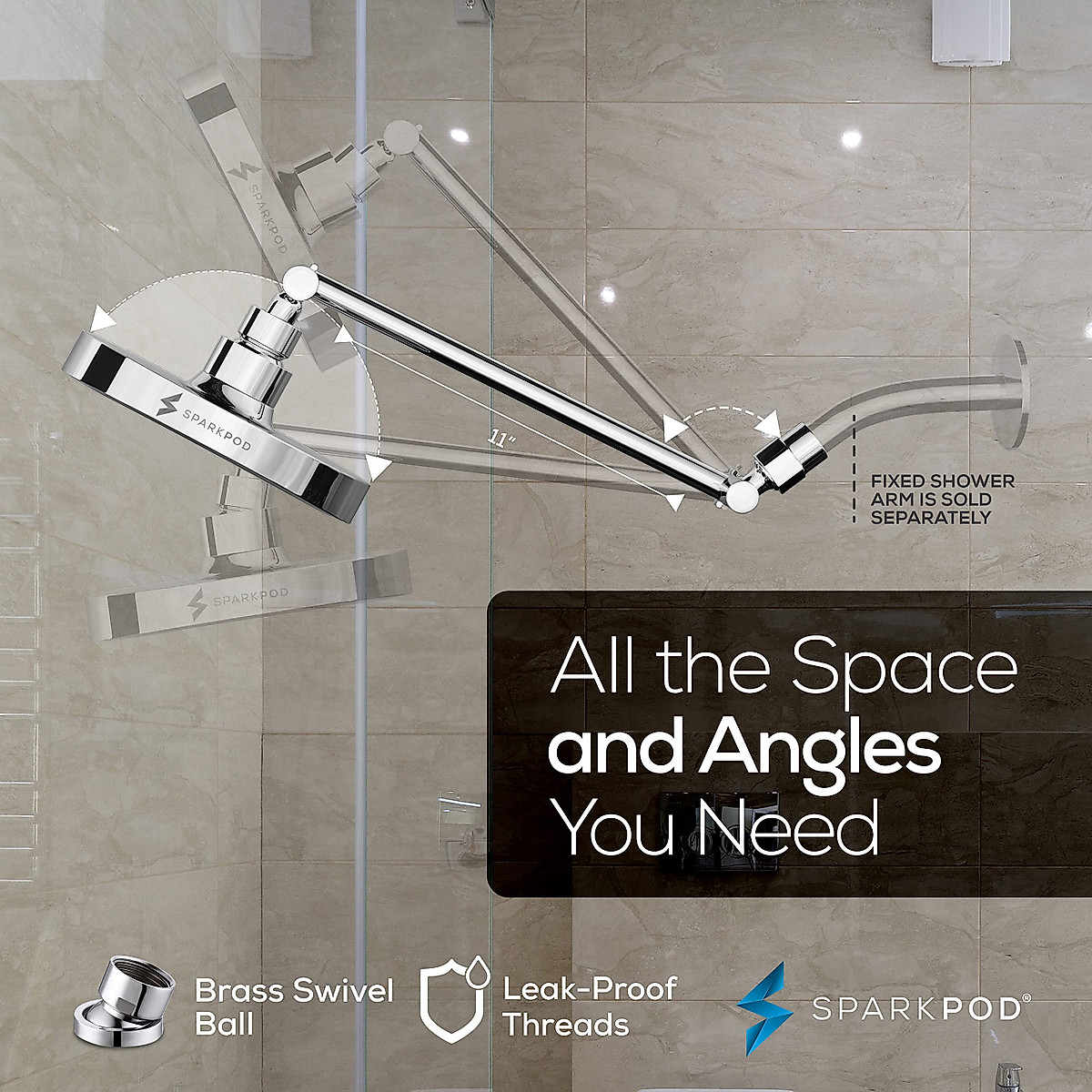 SparkPod Round Rain Shower Head with Shower Head Extension Arm - High Pressure Rain - Luxury Modern Look - No Hassle Tool-less 1-Min Installation (11" Shower Arm Extension, Luxury Polished Chrome)