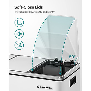 SONGMICS Trash Can, 3 x 4.8 Gallon Garbage Can, 14.4 Gallon Recycle Bin with Soft-Close Lids, Pedals, and Inner Buckets for Kitchen, Stainless Steel, White ULTB154W01