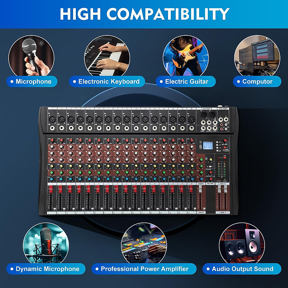Audio Mixer 16 Channel Bluetooth Live Studio LED Display Professional USB Mixing Console with 3-Band EQ Sound Board Console DJ Studio Audio Mixer for PC Recording Music (16 Channel)