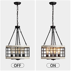 TZOE White Oak Wood Color&Black Metal Finish 4-Light Chandeliers for Dining Rooms,Farmhouse Drum Chandelier,Rustic Small Pendant Light