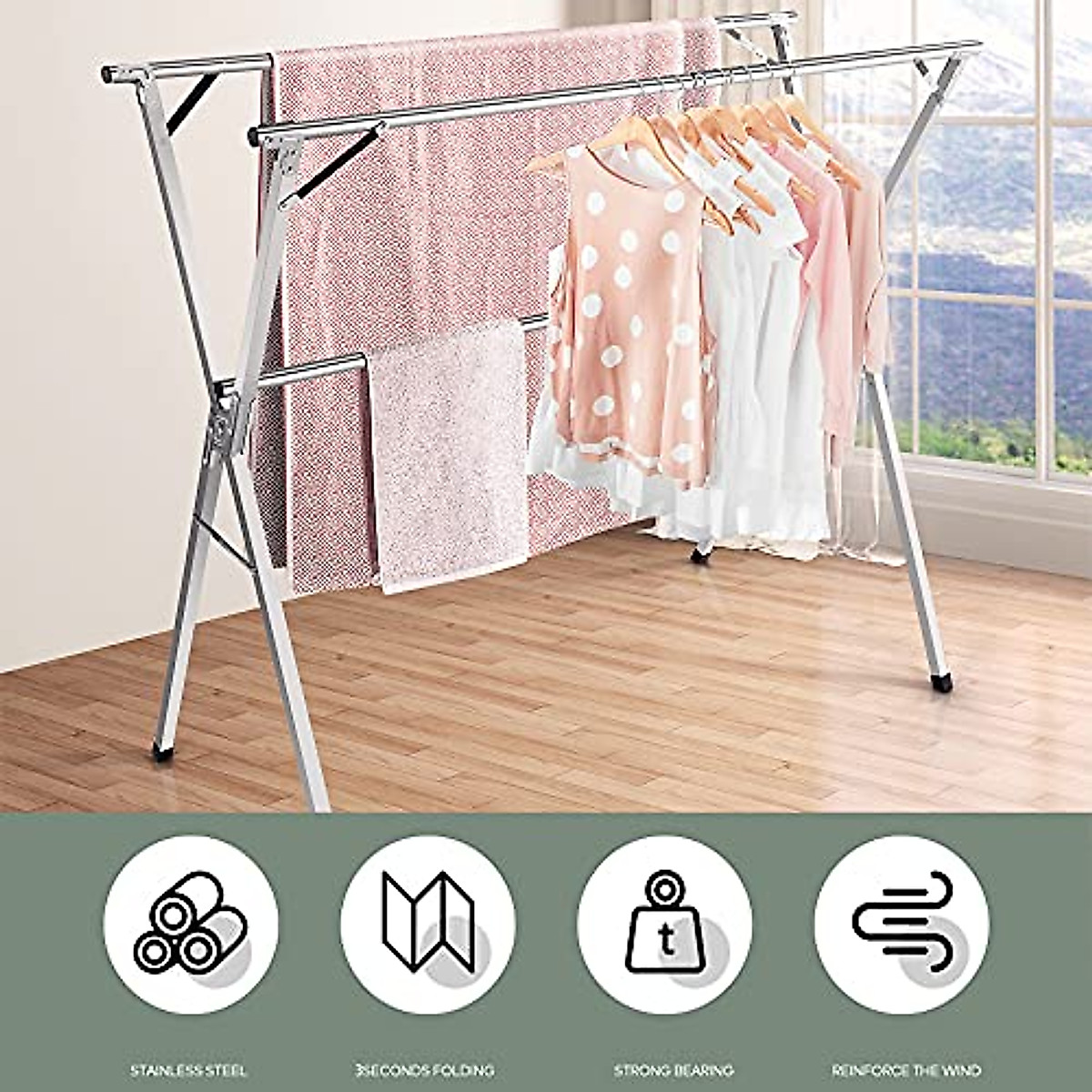 HYNAWIN Clothes Drying Racks, Upgraded Stainless Steel Laundry Drying Rack, Heavy Duty Collapsible Garment Rack, Clothes Storage Rack for Indoor Outdoor, 1.5M/59 in