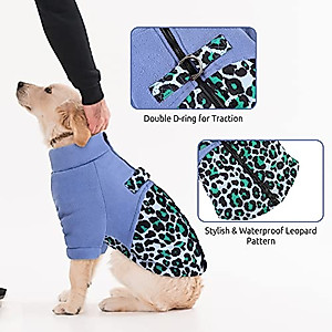 SAWMONG Fleece Dog Winter Coat, Leopard Waterproof Dog Jacket, Warm Thicked Dog Coat with Harness, Dog Vest Cold Weather Clothes Pet Apparel for Small Medium Large Dogs,Blue M