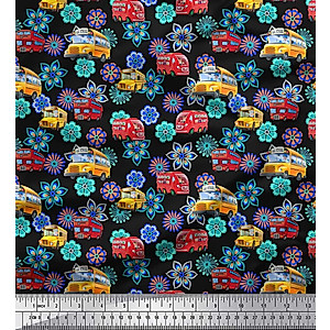 Soimoi Cotton Poplin Black Fabric - by The Yard - 42 Inch Wide - Artistic Floral & School Bus Transport Kids Fabric - Creative and Educational Patterns for Kids' Apparel Printed Fabric