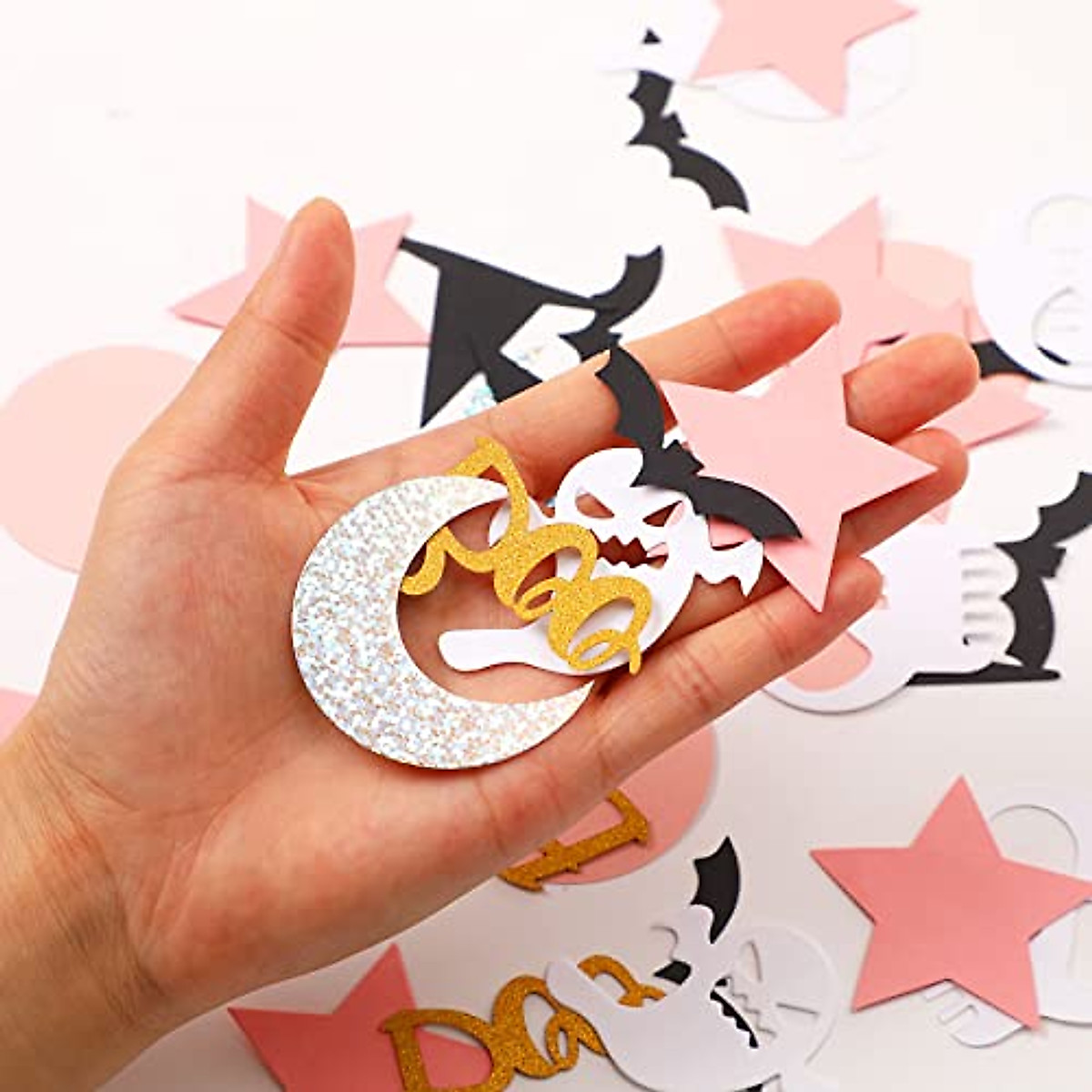 JULBEAR 300Pcs Halloween Confetti Glitter Decorations, Bat Ghost Black Pink Halloween Confetti for Party Table Scatter Decorations, Halloween Table Decor Party Favors