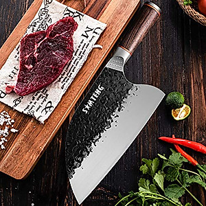 SMTENG Effort Saving Kitchen Knife 8 inch-High Carbon Clad Steel Hammered Chinese Knife with Pakkawood Handle，Butcher Meat Cleaver knives Vegetable Cutting Slicing Knife