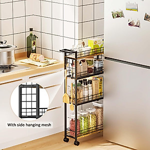 LASZOLA Slim Storage Cart with Wheels, 4 Tier Mobile Narrow Shelving Unit Organizer Utility Cart with Handle, Skinny Rolling Trolley for Small Space Kitchen Bathroom Laundry, Black and Rustic Brown