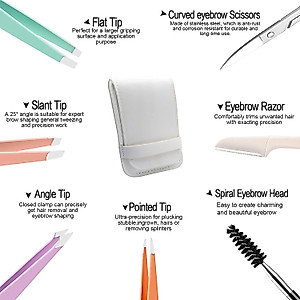 Milishow Eyebrow Tweezer Set Professional Stainless Steel Tweezers for Women & Men Precision Tweezer for Eyebrows Facial Hair with Leather Travel Case（7 PCS）