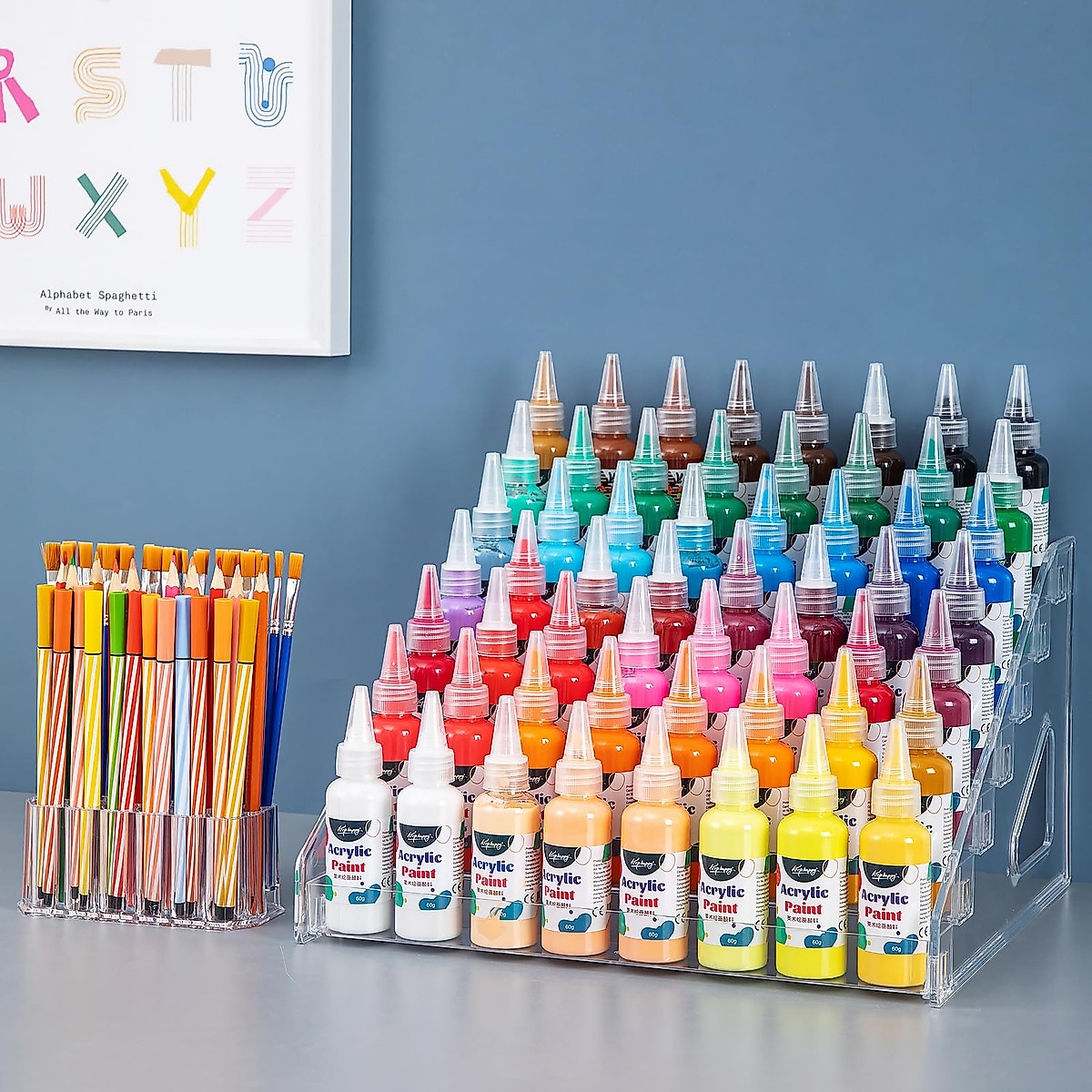 LONTOHCE Paint Organizer,7 Tiers Clear Paint Storage Large Paint Holder,for Miniature Paints,2oz Bottles and Paint Brush Holder