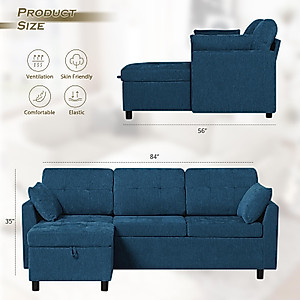 Lesofair 84" Chenille Sectional Sofa w/Tufted Cushions, L-Shaped Convertible Sofa w/Reversible Storage Chaise, Modern Couch w/Two Soft Pillows for Living Room, House, Blue