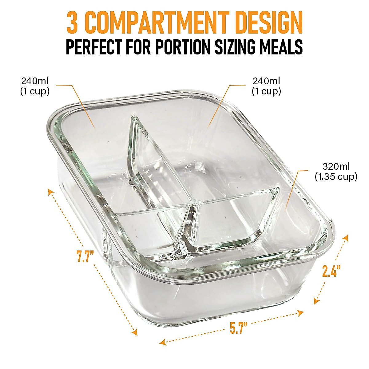 3-Compartment Glass Food Storage Containers with Lids for Lunch Storage, Glass Bento Box Set with Airtight Bamboo Lids - Great Mel Prep Containers for Lunch & Portion Control, 3 Pack, 31.5oz