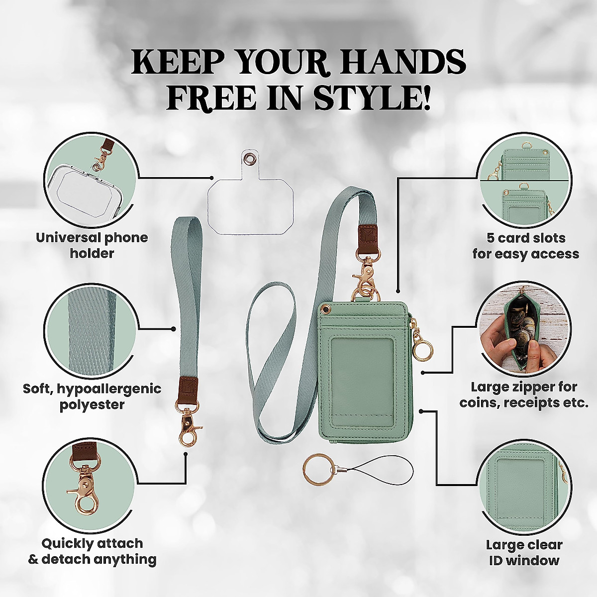 MONDO DESIGNS 2-in-1 ID Badge Holder & Lanyard Wallet - Multi-Use Womens Small Wallet with Removable Wristlet & Neck Lanyard, Clear Window, 5 Card Slots, Phone Holder, Ring Keychain - Green