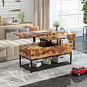 KCRET 43" Lift Top Coffee Table, 3 in 1 Multi-Function Coffee Table Modern Coffee Lift Table Dining Table with 2 Storage Drawers and Hidden Compartment for Living Room Reception Room (Rustic Brown)