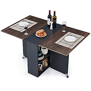 VONLUCE Drop Leaf Dining Table, Modern Folding Dining Table & Expandable Kitchen Table with Storage Shelves & Drawer, Rolling Space Saving Dining Table on 6 Wheels, Gray & Wood Grain Transformer Table