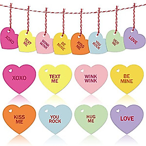 Whaline 120Pcs Valentine Paper Gift Tags with 98.4ft Hemp Rope Colorful Conversation Heart Hanging Tags Pre-Punched Labels Tags for Valentine's Day Wedding Anniversary DIY Crafts Party Favor Decor