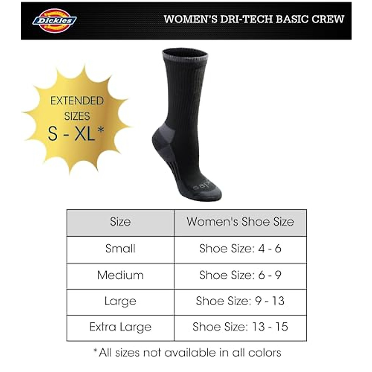 Dickies Women's Dritech Advanced Moisture Wicking Crew Socks, Black Assorted (6 Pairs), Shoe Size: 6-9