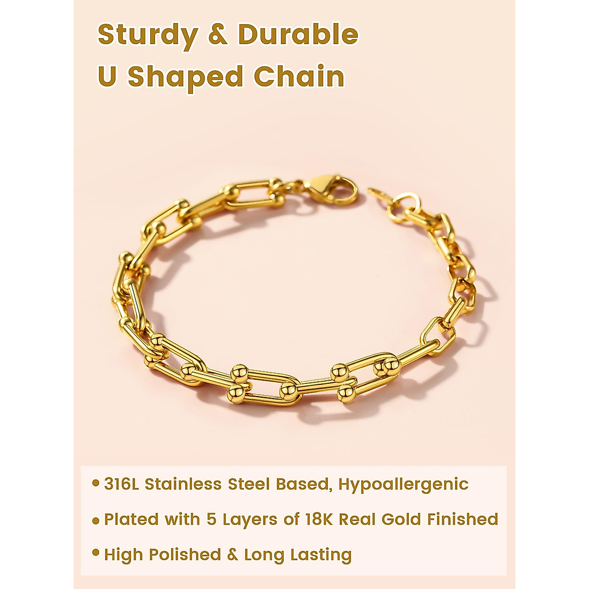KeyStyle Gold Paperclip Chain Bracelet for Women, 18k Gold U Shaped Link Bracelets for Wife Fiancee, 21cm