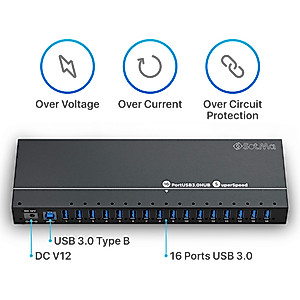Multi-Safety Protection USB Splitter - 16 Port Powered USB Hub 3.0 with AC Adapter (12V / 10A) - Aluminium USB 3.0 Hub with LEDs - High Speed - Hub for Multiple Devices - Powered USB 3.0 Hub