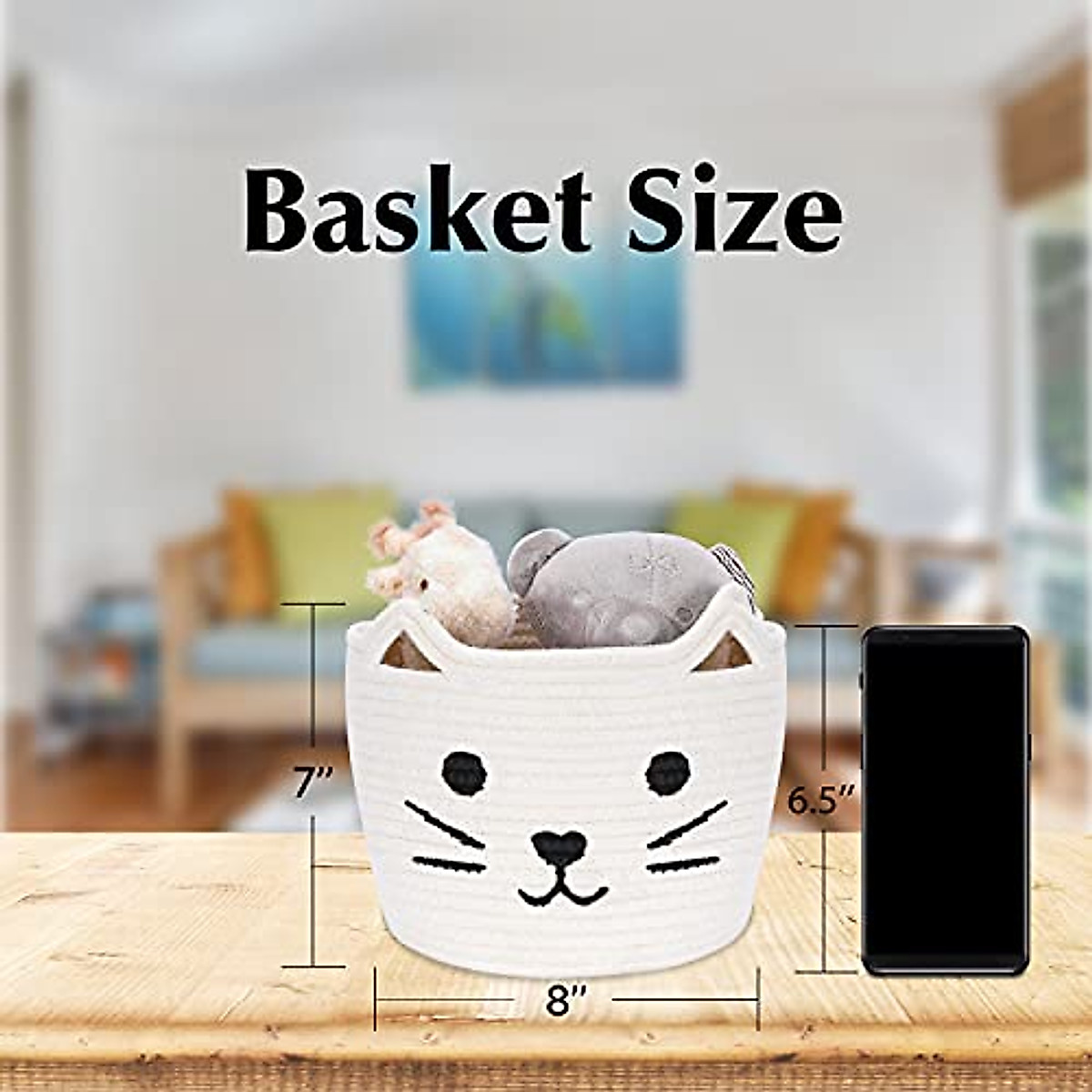 Small Cat Cotton Rope Basket Baby Basket for Nursery | Hombins Woven Basket Cute Kids Basket for Organization Stuffed Animal Storage Hamper for Pen, Tissue, Candy, 8''X7''
