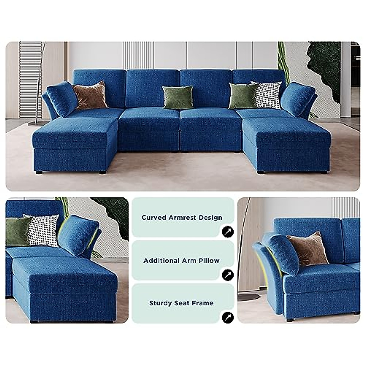 VanAcc Modular Sectional Sofa, Sectional Couch, 9 Seats Sofa- U Shaped sectional with Ottomans, Reversible Sofa Couch for Living Room, Blue Linen