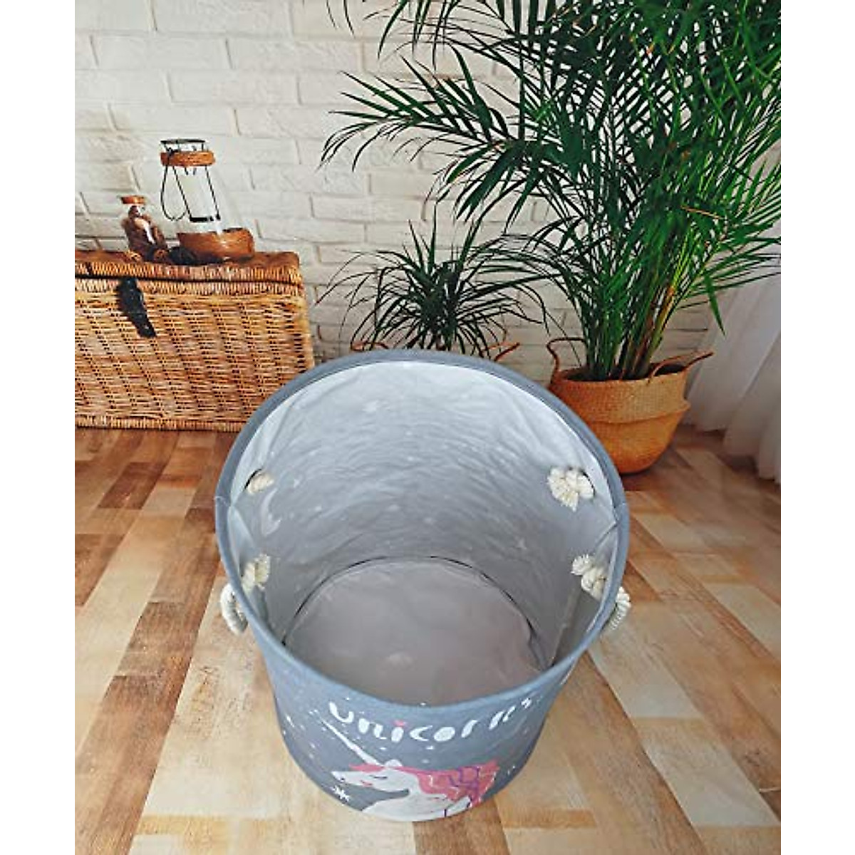 VAIVUSTO Round Laundry Basket Waterproof Canvas Large Clothes Basket Laundry Hamper with Rope Handles Cute Cartoon Kids Nursery Hamper for Kids Room Toy Storage Girls Room Decor (Gray Unicorn)