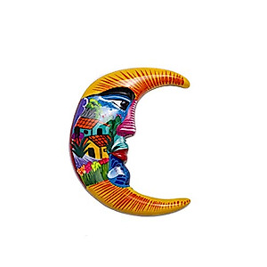 Yellow Hand Painted Authentic Mexican Sun and Moon Wall Decor, Patio Wall Decorations, Summer Wall Ceramic Decor, Moon Decor, Mexican Art for Home and Garden, Outdoor Wall Art 12 inches