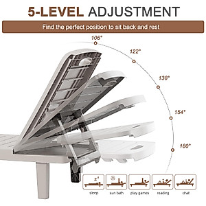 WACASA Outdoor Chaise Lounge Chairs Set of 2, Oversized Lounge Chairs with 5-Level Adjustable Backrest & Cup Holder, Resin Waterproof Pool Lounge Chairs for Poolside,Patio, Beach, Yard, Gray