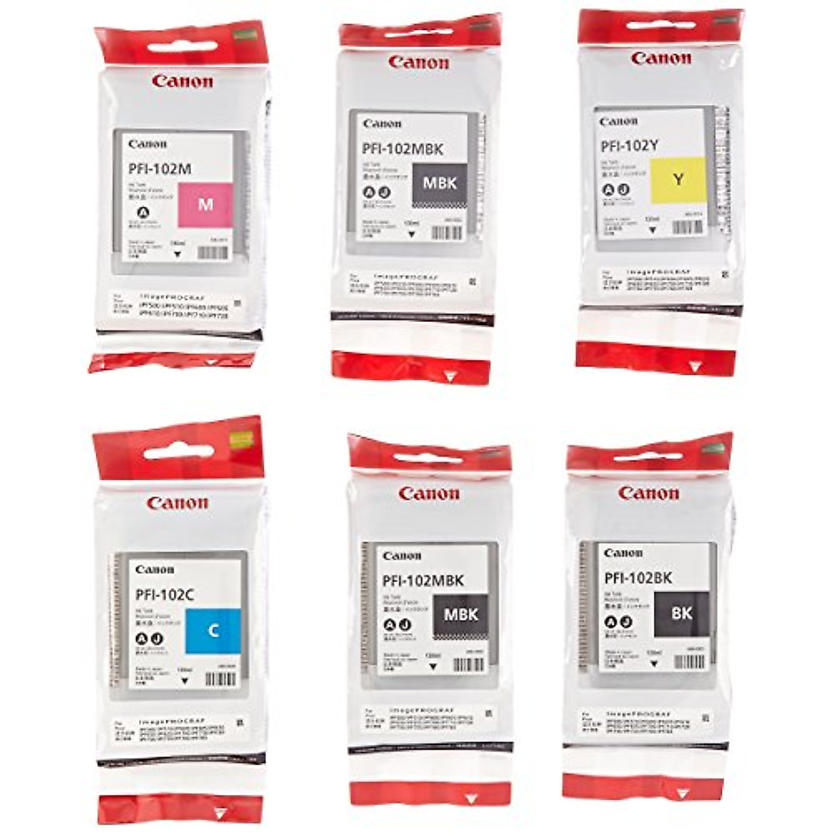 Canon PFI-102 Ink Tank for Canon iPF510/710/720, Complete Set of 6, 2X Matte Black/Black/Cyan/Magenta/Yellow Ink Tank