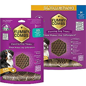 Yummy Combs - Dog Dental Treats | Removes Tartar - Vet VOHC Approved | A Yummy Treat for Teeth Cleaning - Chicken Protein | Extra Small 12oz and Medium 24oz
