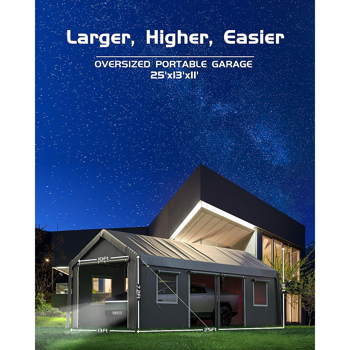 GarveeLife 13'x25'x11' Carport Oversized, Portable Garage with 180g PE Tarps, 19 Gauge Poles, 6 Roll-up Doors, and 4 Mesh Windows, Suitable for Full-Size Pickups Bass Boats, Tractors, and SUVs, Gray
