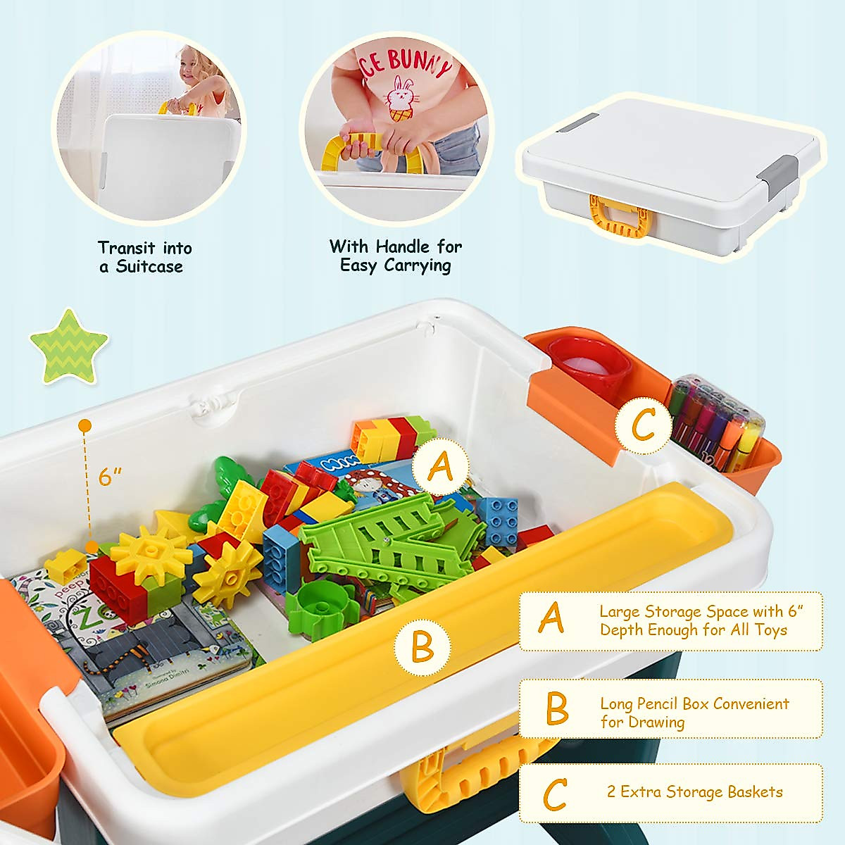 Costzon 5 in 1 Kids Multi Activity Table and Chair Set, Building Block Table w/Double-Sided Board, Storage, Children Draw Table w/Pen Folding to Toddler Luggage, Gift for Boys & Girls