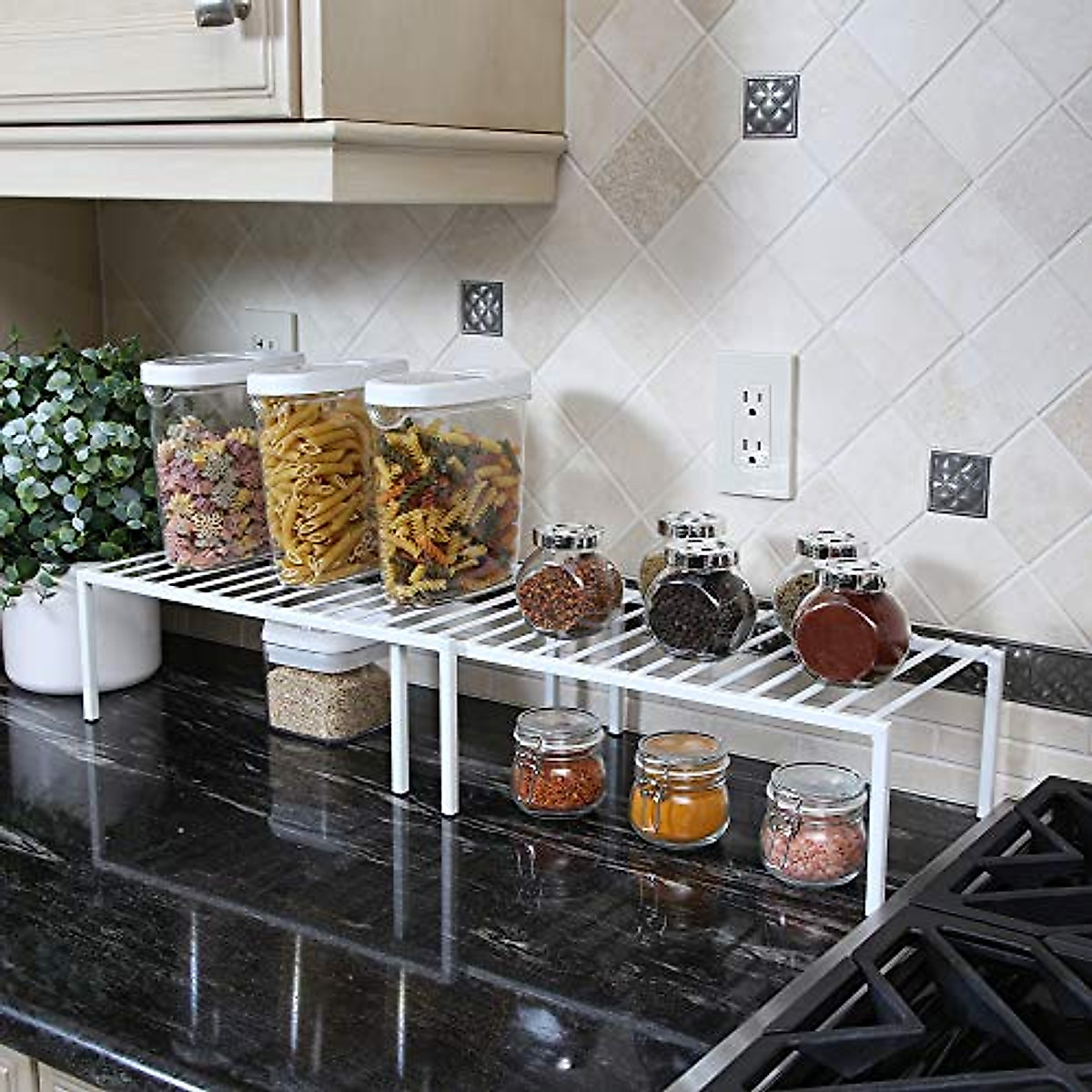 Smart Design Premium Extendable Storage Shelf – Lengthen from 16 to 32.5 in., White – Steel Pantry Organizer with Rust-Resistant Finish and Non-Slip Feet for Easy Home Organization and Storage