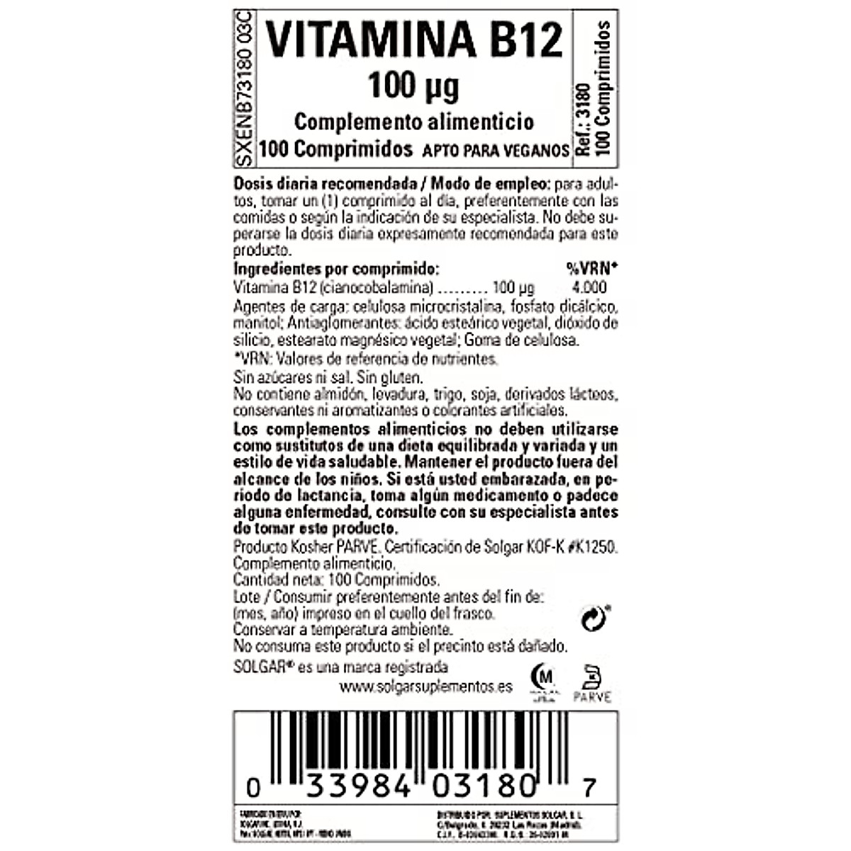 Solgar Vitamin B12 100 mcg, 100 Tablets - Energy Metabolism, Heart Health, Healthy Nervous System - Non-GMO, Vegan, Gluten Free, Dairy Free, Kosher, Halal - 100 Servings