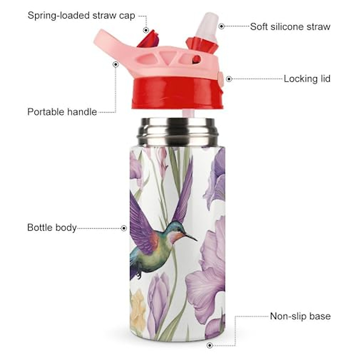Stainless Steel Water Bottles Hummingbirds Irises Flowers Travel Water Cups with Handle And Silicone Straw Drinking Cup with Leak Proof Lid Thermo Travel Mug for Women Men
