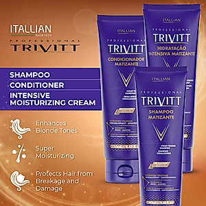 3 Piece Violet Toning Kit for Blonde Hair - Shampoo 280ml, Conditioner Cream 250ml, Intensive Moisturizing Cream 250ml for Advanced Hydration and Repair - Professional Trivitt by Itallian Hairtech