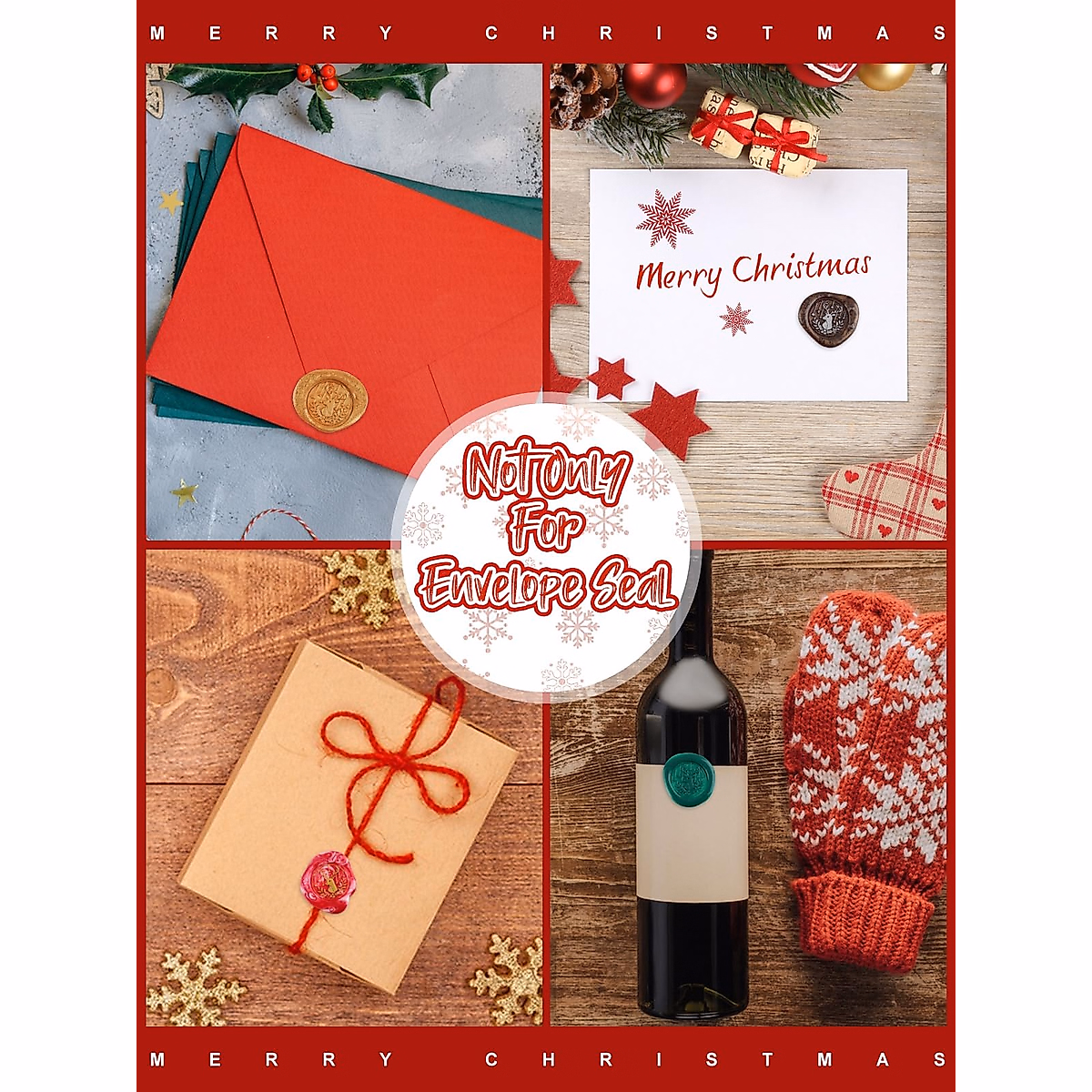 Christmas Wax Seal Stamp Kit Lanstics Wax Seal Stamp Brass Head, 200Pcs Sealing Wax Beads in 4 Colors, Wooden Hilt, Melting Spoon, Tea Candles for Cards Envelopes, Gift Packaging