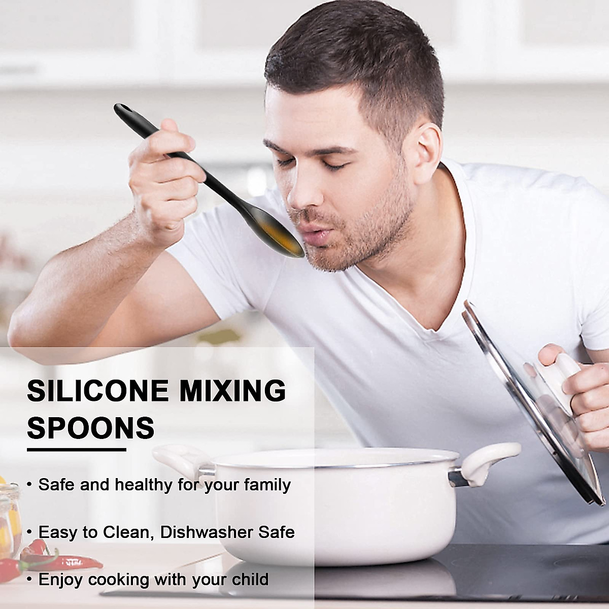 Silicone Spoon, for Kitchen Cooking, Mixing, Stirring, Basting, Serving and Baking, Soup and Sauce Utensil, Food Grade Rubber, Nonstick High Heat Resistant (Black)