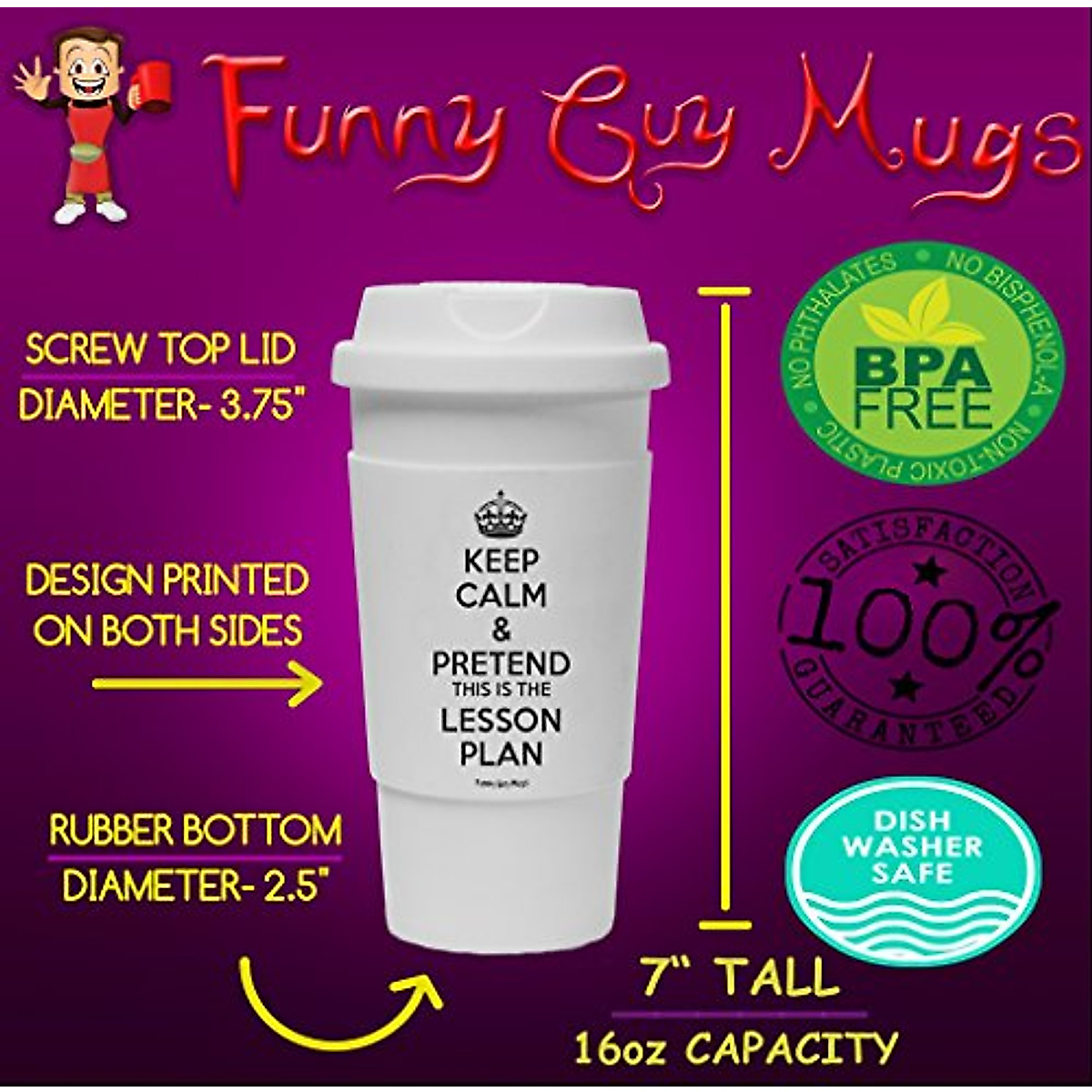 Funny Guy Mugs Keep Calm & Pretend This Is The Lesson Plan Travel Tumbler With Removable Insulated Silicone Sleeve, White, 16-Ounce