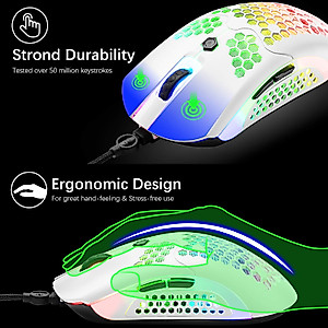 ZIYOU LANG M5 RGB Lightweight Wired Gaming Mouse with 12000 DPI 6 Programmed Buttons,65G Honeycomb Shell,Ultralight Ultraweave Cable,Pixart 3325 Optical Sensor Gamer Mice for Laptop PC Mac(White)