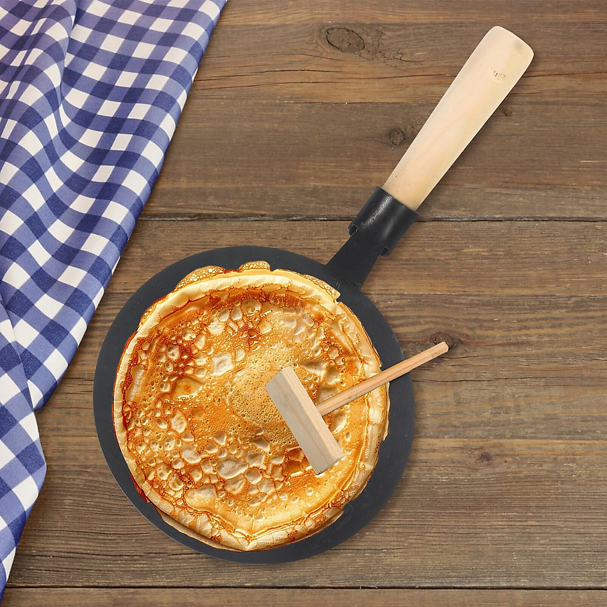 1 Set Nonstick Crepe Pan with Spreader Cast Iron Dosa Pan Pancake Flat Skillet Griddle with Wooden Handle for Roti Egg Omelet Tortilla