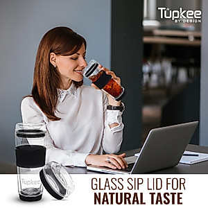 Tupkee Glass Sip Lid Black - Replacement for Tupkee Double Wall Glass Tumbler, 14oz & 8oz Hand Blown Glass Travel Mug