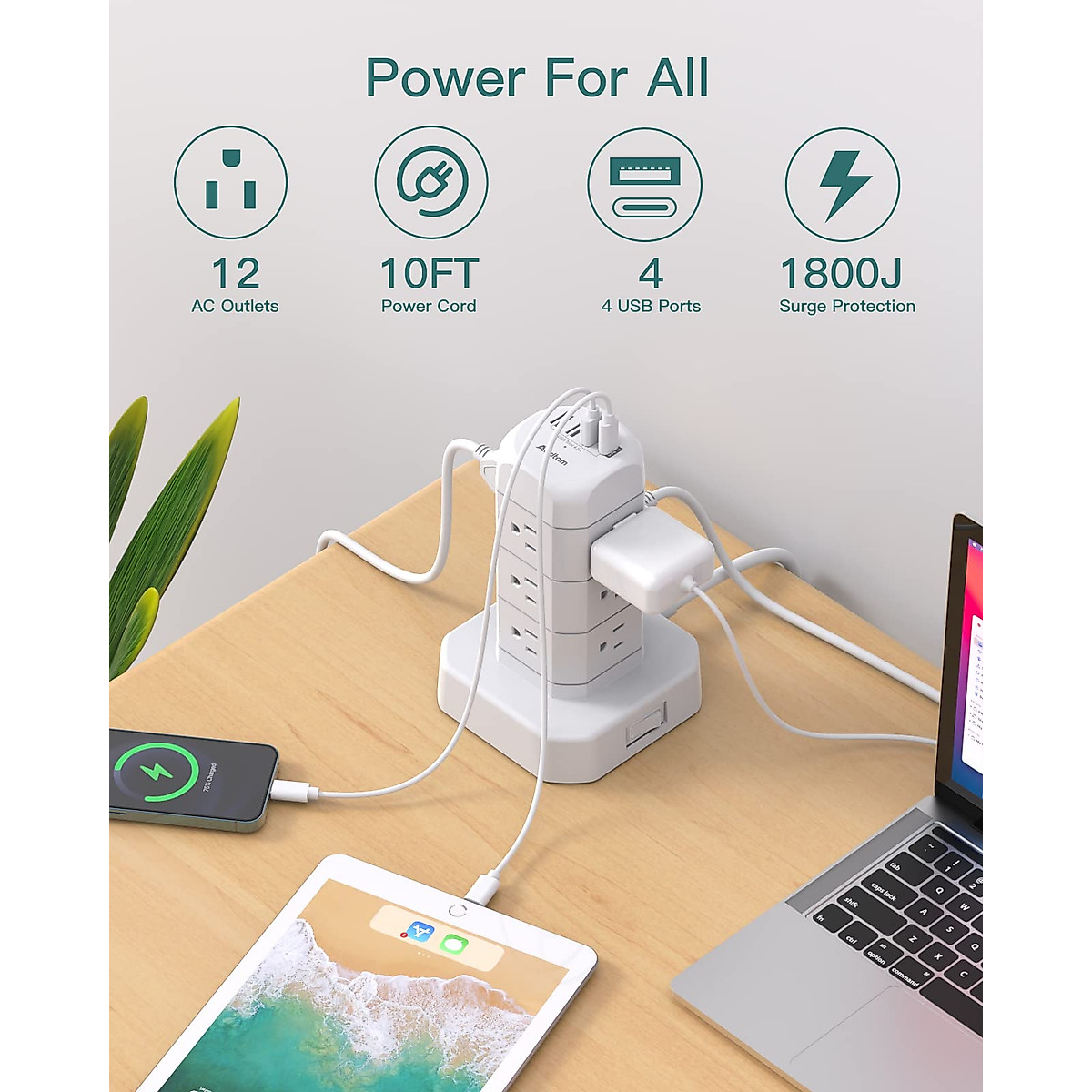 Power Strip Tower Surge Protector - 10 FT Extension Cord with Multiple Outlets, 12 Outlets 4 USB Ports Electric Power Tower, Flat Plug, Desktop Charging Station for Office Home Dorm Essentials White