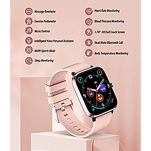 SOUYIE 2023 Smart Watch with Bluetooth Call for Women, IP67 Waterproof Fitness Tracker with 1.7" HD Display Blood Pressure HR Temperature Sleep Monitor for Android and iOS Phone Pink