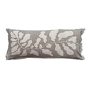 Bloomingville Cotton Botanical Print and Fringe, Grey Lumbar Pillow, Tan