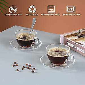 GURUDAR Glass Teacup and Saucer Set, 6 Pack Coffee Mug with Stainless Steel Spoon Suitable for Espresso Juice Cappuccino and More Beverage, 7OZ/210ML, Clear