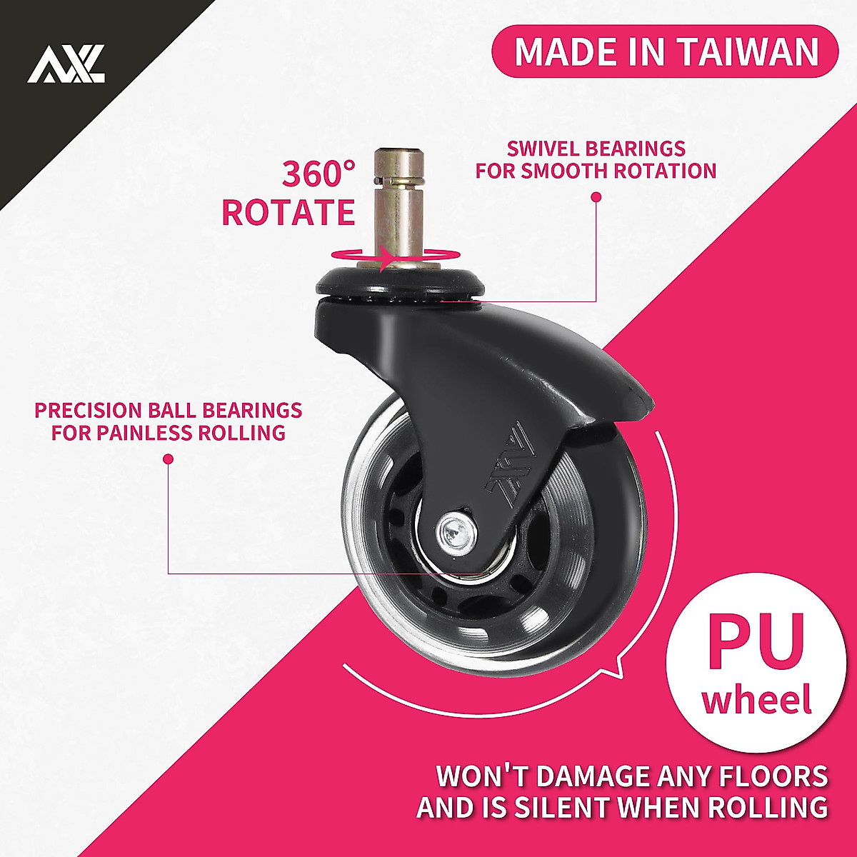 IKEA Office Chair Wheels Replacement for Hardwood Floor and Carpet, 10mm Stem Size, 2.5" Roller Blade Style, Replacement Rubber Chair Casters Set of 5 (Black/Clear)